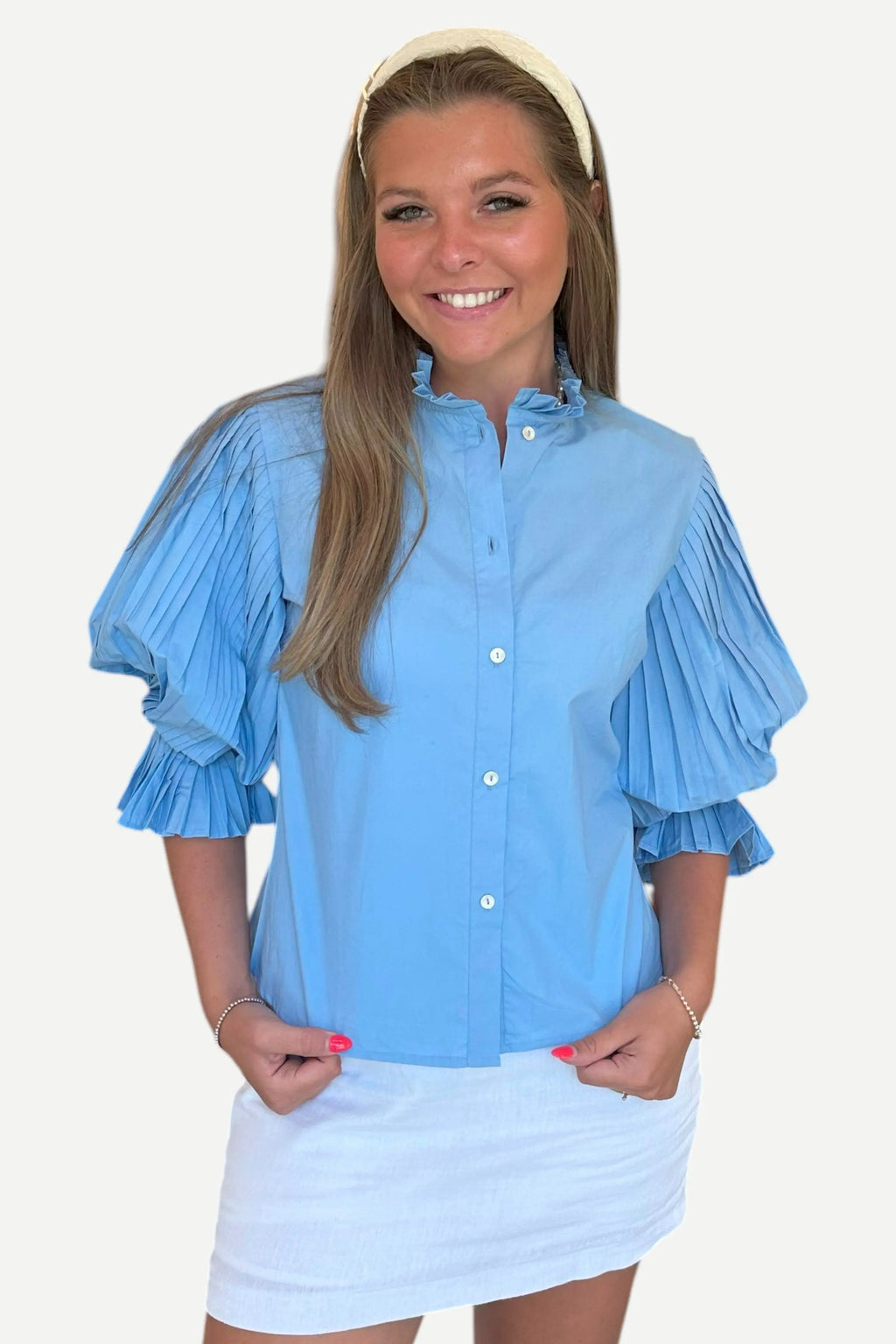 La Vida Riley The Kendall, Pleated Button Down Shirt, Blue – Monkee's ...