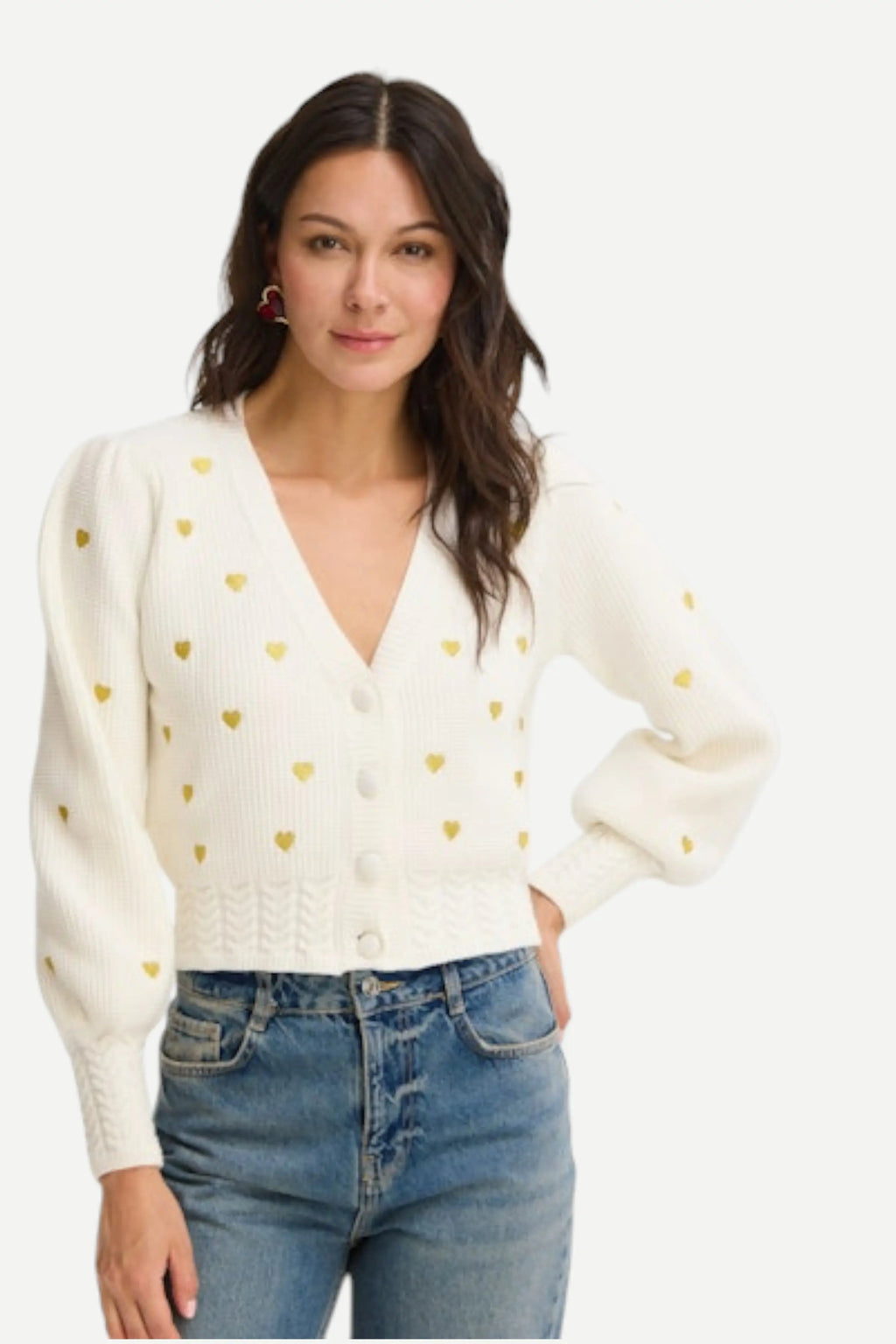 Allison Gold Hearts Piper Cardigan, Ivory/Gold - Monkee's of the ...